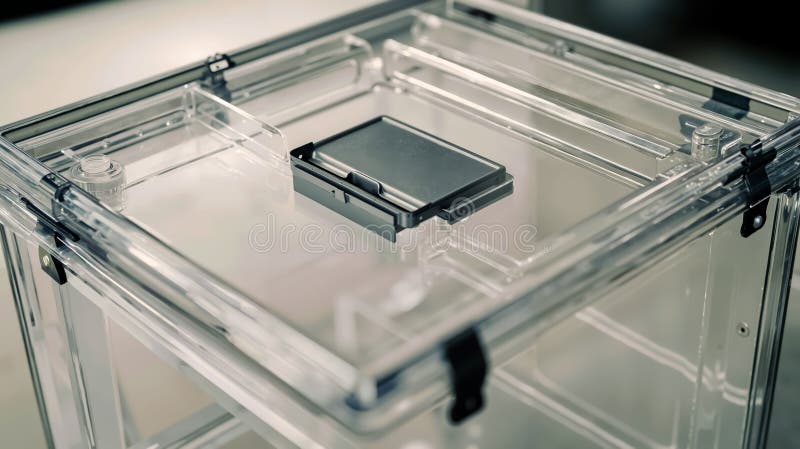 A Clear Plastic Box with a Metal Lid on a Table Stock Image - Image of ...