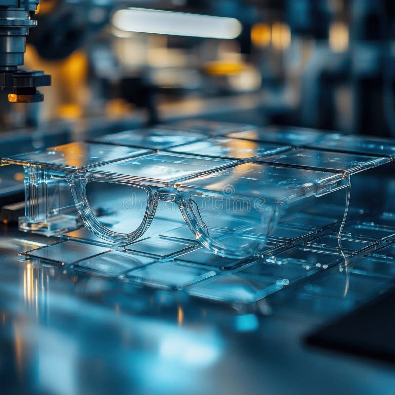 Clear Plastic Eyewear on Manufacturing Table in Modern Factory Setup ...