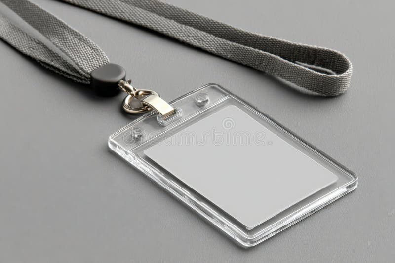 Clear Plastic ID Card Holder with Gray Lanyard on Gray Surface Stock ...