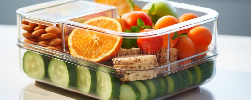 A Clear Plastic Lunch Box, Featuring Sliced Fruit and Snacks Stock ...