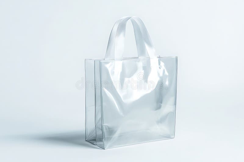 Clear Plastic Shopping Bag with White Ribbon Handles on White ...