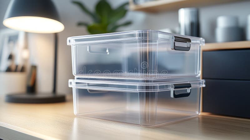 Clear Plastic Storage Containers Stacked on a Desk Stock Image - Image ...