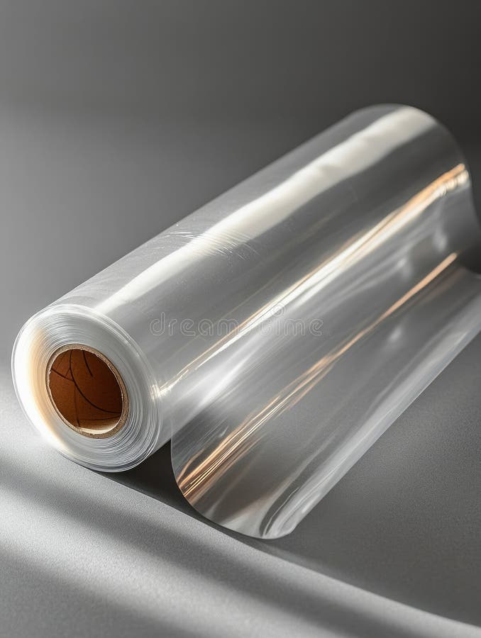 Clear Plastic Wrap Roll on a Gray Surface Stock Photo - Image of film ...
