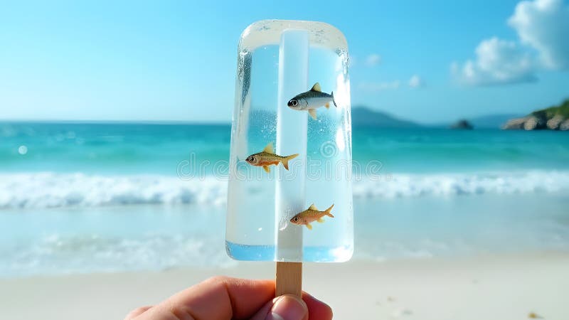 A Clear Popsicle with Small Fish Inside, Held in Hand Against a Beach ...