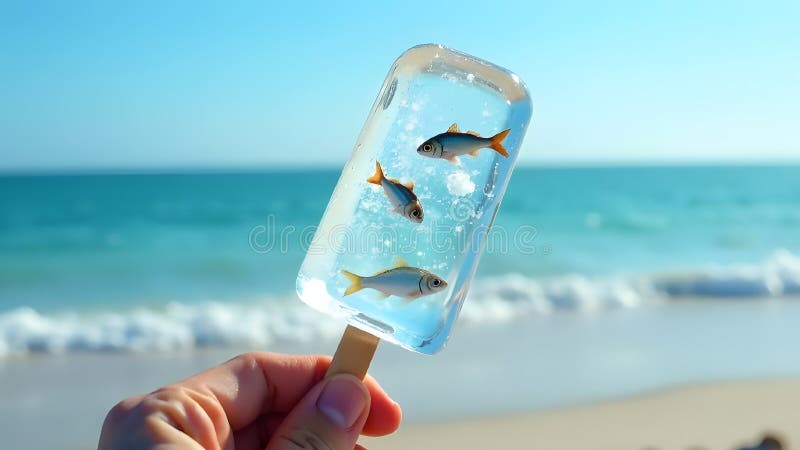 A Clear Popsicle with Small Fish Inside, Held in Hand Against a Beach ...