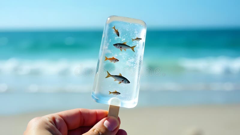 A Clear Popsicle with Small Fish Inside, Held in Hand Against a Beach ...