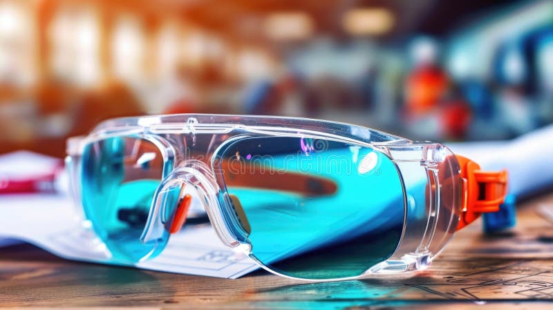 Clear Protective Safety Goggles on Blueprints in Industrial Setting ...