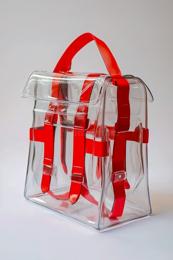 A Clear PVC Backpack with Bright Red Straps, Showcased in a Simple and ...