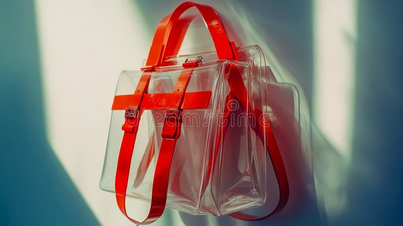 A Clear PVC Backpack with Bright Red Straps, Showcased in a Simple and ...