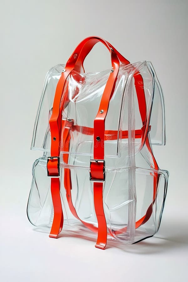 A Clear PVC Backpack with Bright Red Straps, Showcased in a Simple and ...