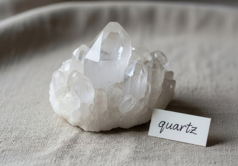 Clear Quartz Crystal Cluster with Label on Fabric Surface Stock Image ...
