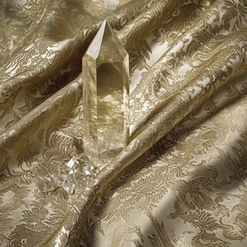 A Clear Quartz Crystal Cluster Shines Brightly on a Soft Peach Silk ...