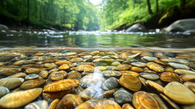 A Clear River Flowing through a Lush Green Forest, with Smooth River ...