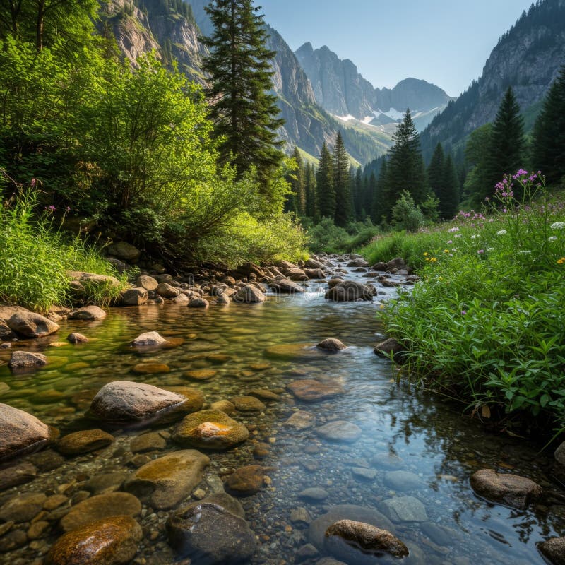 Clear River Flowing through Mountain Valley Stock Illustration ...