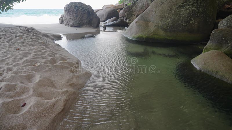 A Clear River Flows into the Ocean on a Sandy Beach at Anse Major, Mahe ...