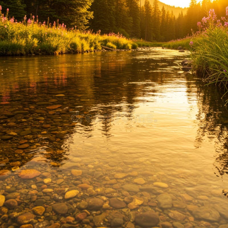 Clear River Rocks at Sunset in Forest Stock Illustration - Illustration ...