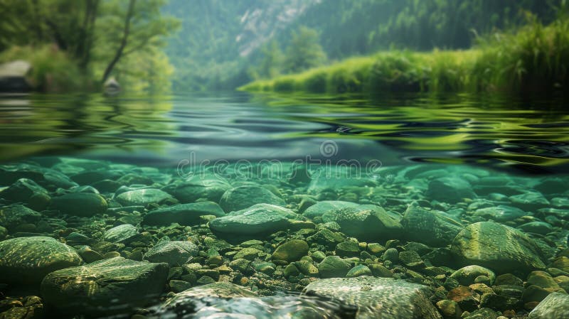 Clear River with Underwater Rocks in a Forest, Nature Relaxation ...