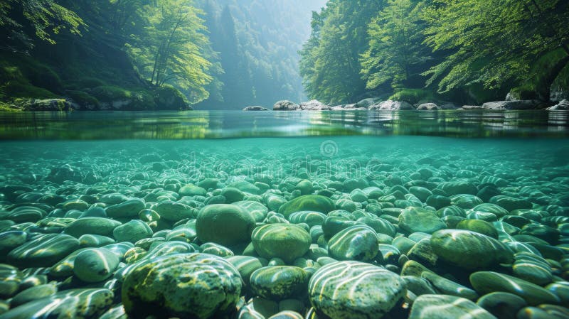 Clear River with Underwater View of Pebbles and Lush Green Forest Stock ...