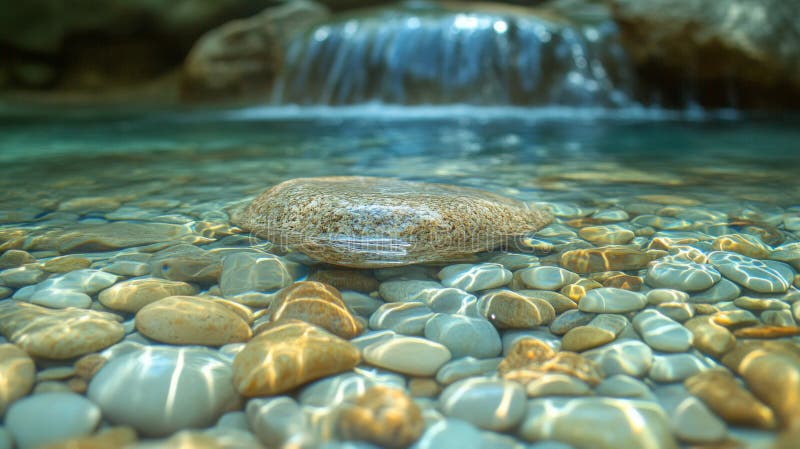 Clear River Water Over Smooth Pebbles Near Waterfall Stock Illustration - Illustration of ...