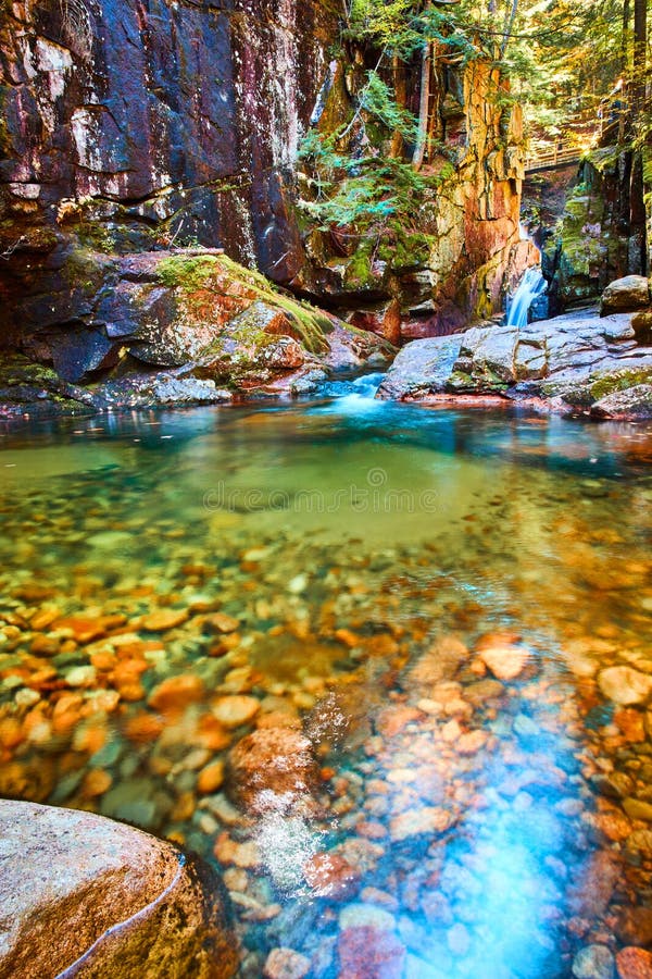 Clear River Water with Small Rocks and Canyon with Waterfall in ...