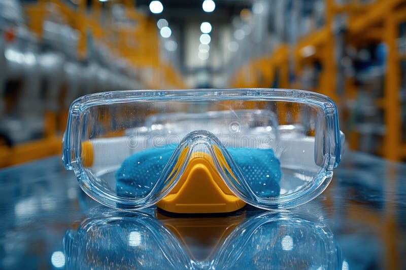 Clear Safety Goggles with a Yellow Nose Bridge Sitting on a Blue ...