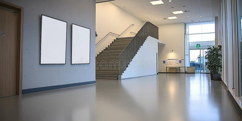 Clear School Hallway with Blank Posters on Walls and Stairs, Perfect ...
