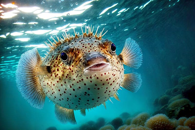Clear Sea with Floating Bloated Puffer Fish with Spikes Stock ...