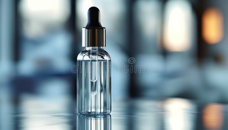 Clear Serum Bottle with Dropper Displayed on a Reflective Surface in a ...