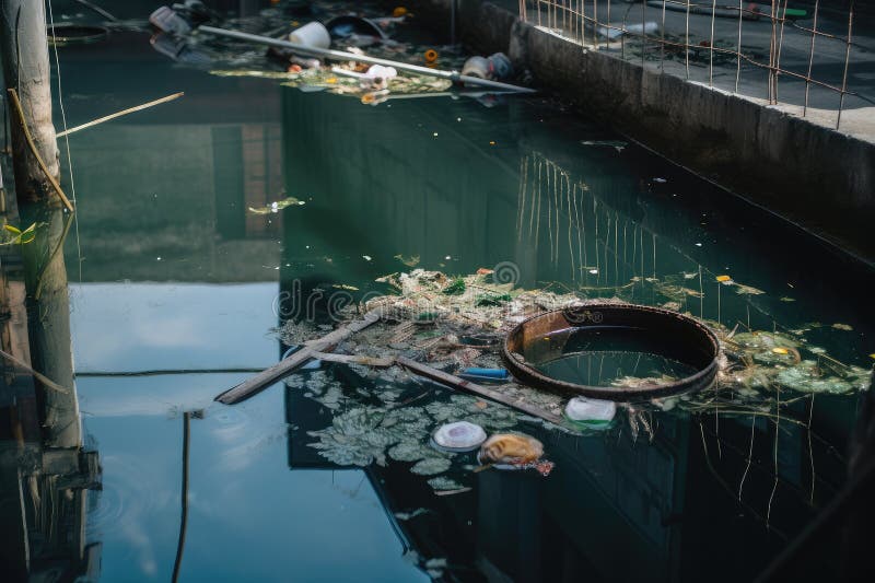 Clear Sewer Pool, with Trash and Debris Floating on the Surface Stock ...