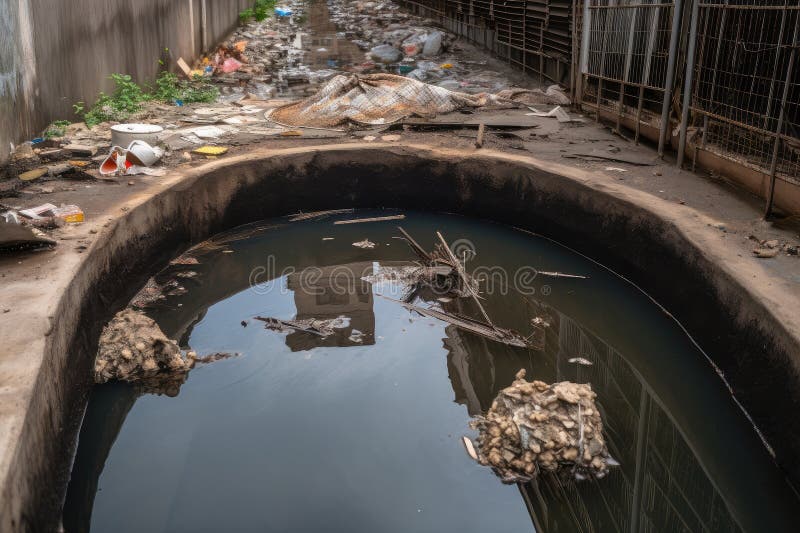 Clear Sewer Pool, with Trash and Debris Floating on the Surface Stock ...