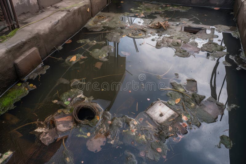 Clear Sewer Pool, with Trash and Debris Floating on the Surface Stock ...