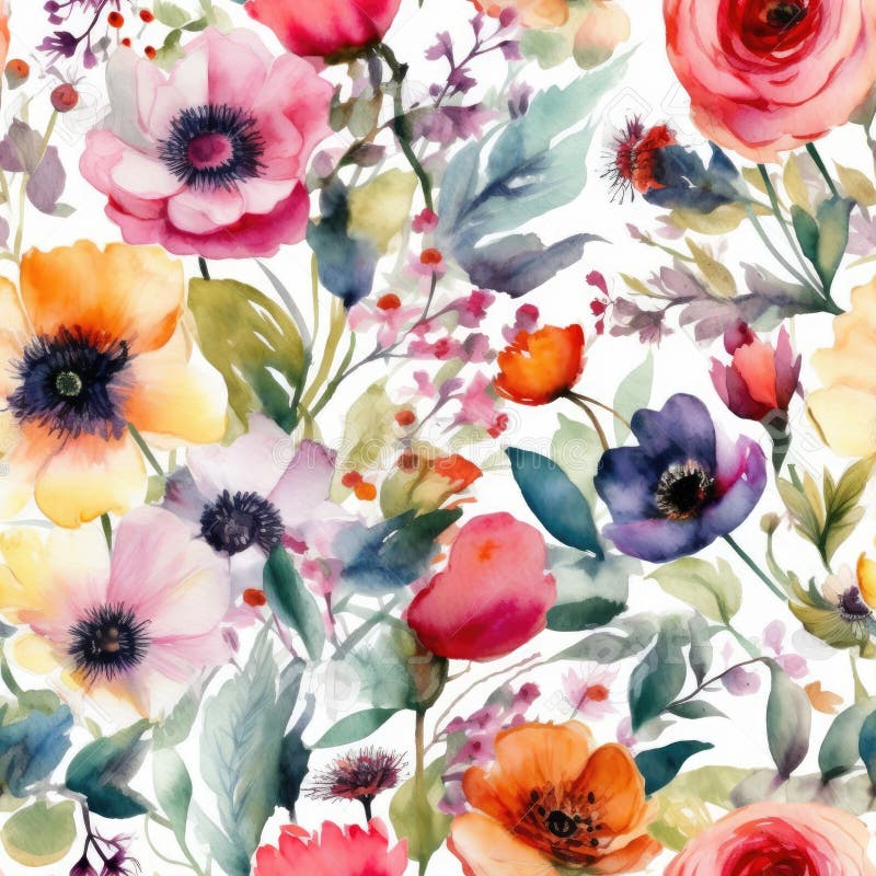 Clear and Sharp Watercolor Flowers Seamless Pattern on White Background ...