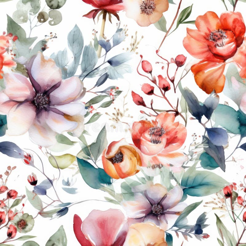 Clear and Sharp Watercolor Flowers Seamless Pattern on White Background ...