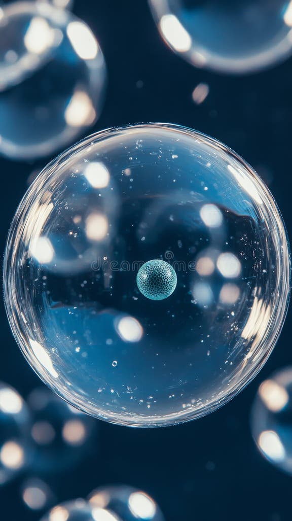 Clear Spheres with Green Specks Drift Against a Dark Backdrop, Forming ...