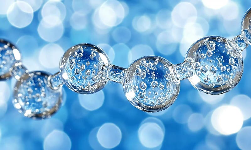 Clear, Spherical Molecules Connected in a Chain, Against a Blurred Blue ...