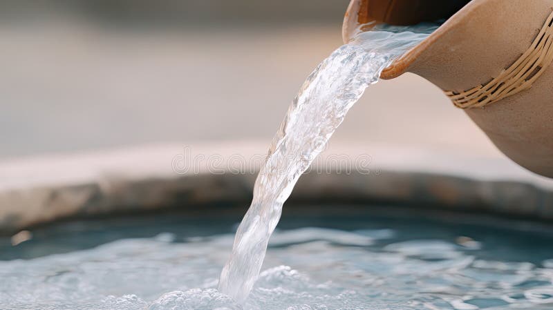 Clear Spring Water Flows Gently from a Traditional Clay Jug into a ...