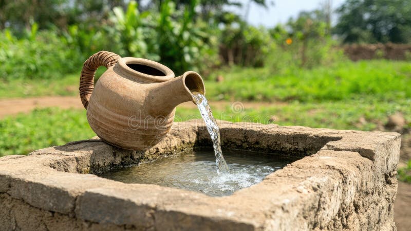 Clear Spring Water Flows Gently from a Traditional Clay Jug into a ...