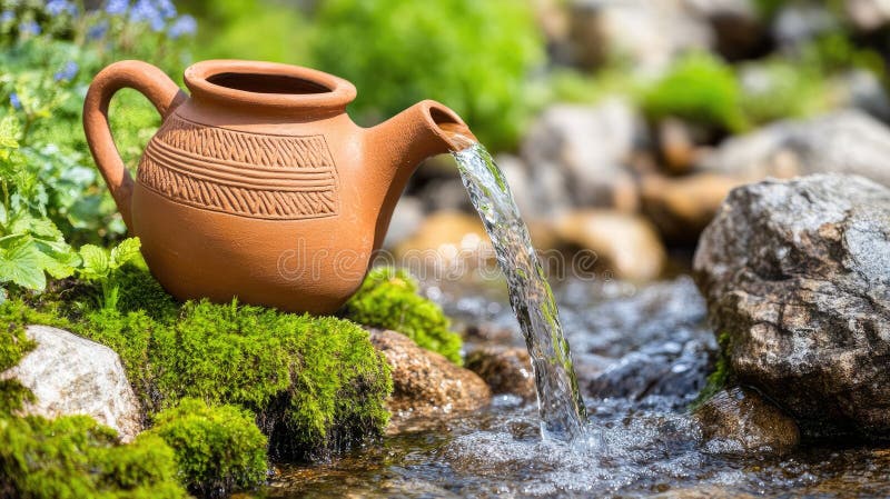 Clear Spring Water Flows Gently from a Traditional Clay Jug into a ...