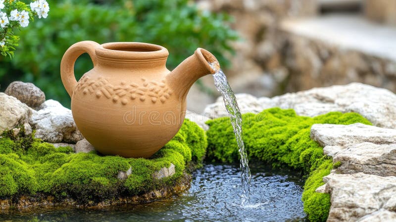 Clear Spring Water Flows Gently from a Traditional Clay Jug into a ...