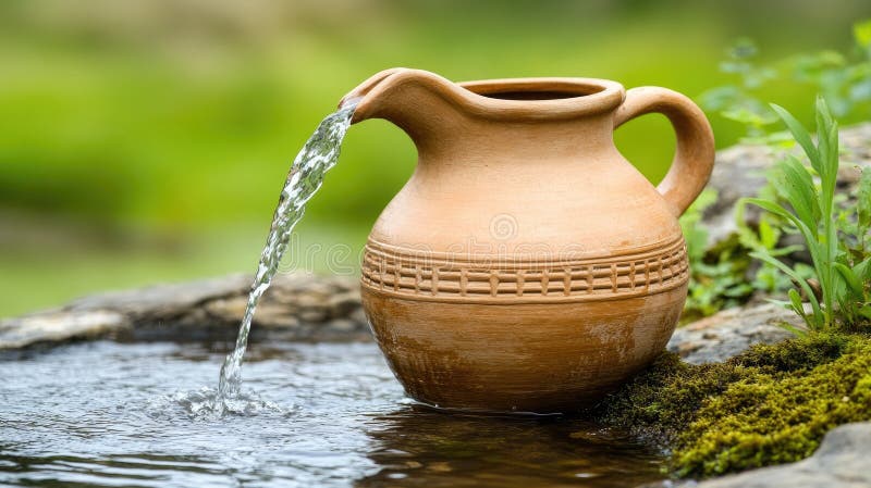 Clear Spring Water Flows Gently from a Traditional Clay Jug into a ...