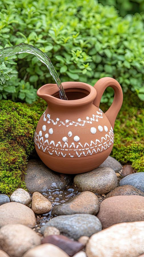 Clear Spring Water Flows Gently from a Traditional Clay Jug into a ...