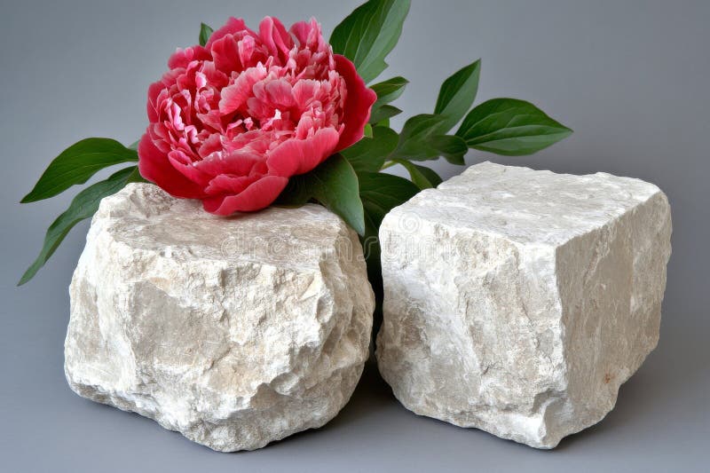 A Clear Stack of Stones and a Peony Flower Platform on a Beige Backdrop ...