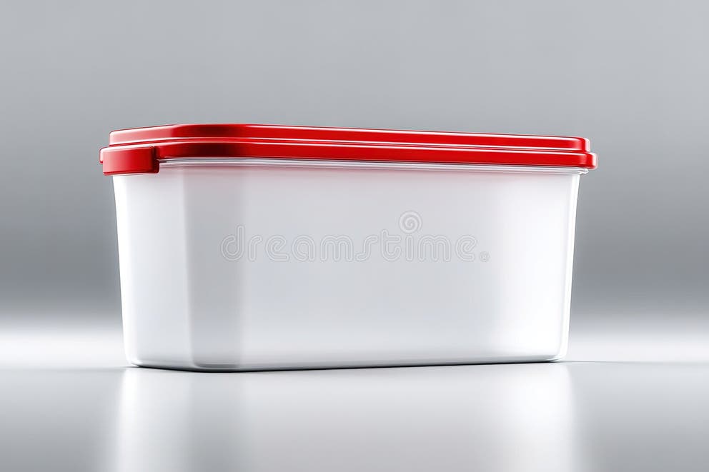 Clear Storage Container with Red Lid Displayed on a Reflective Surface ...