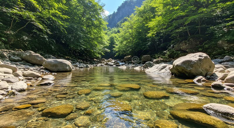 Clear Stream Flowing through a Rocky Forest Landscape Stock ...