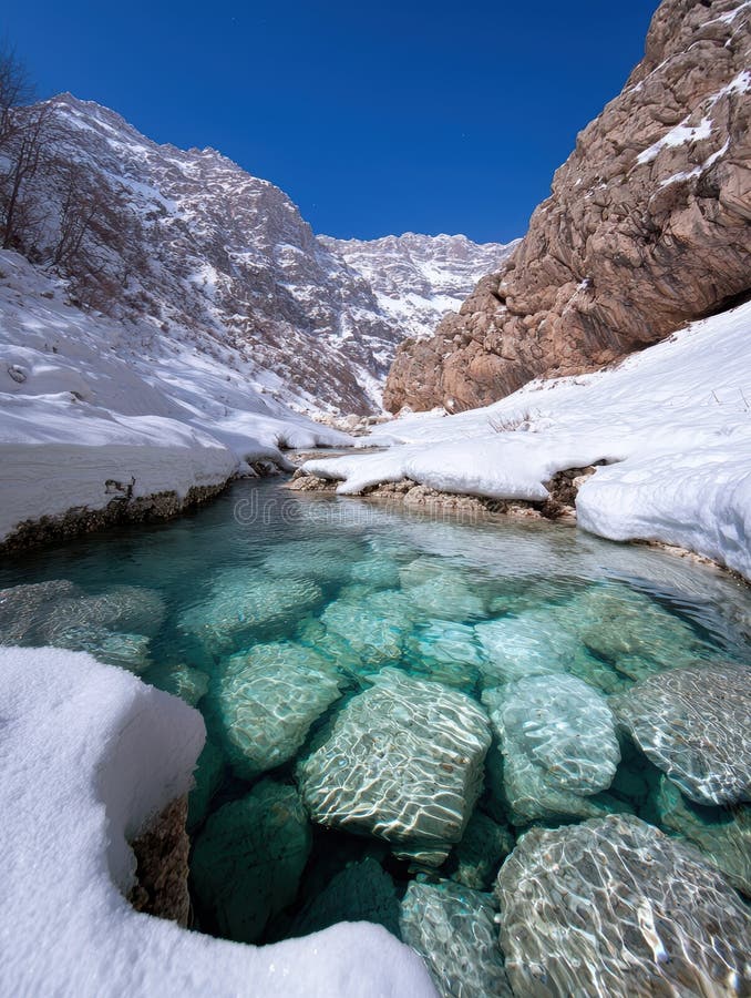 Clear Stream Flowing through a Snowy Mountain Canyon. Stock ...