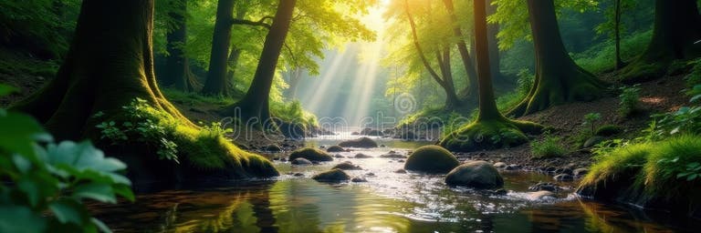 Clear Stream Flows through Ancient Forest, Sunlight Filters through ...