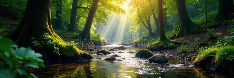 Clear Stream Flows through Ancient Forest, Sunlight Filters through ...