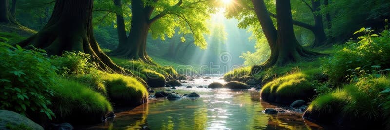 Clear Stream Flows through Ancient Forest, Sunlight Filters through ...