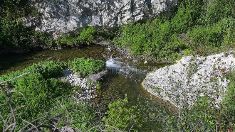 Clear Stream between Rocks and Greenery Below Cliff Stock Footage ...