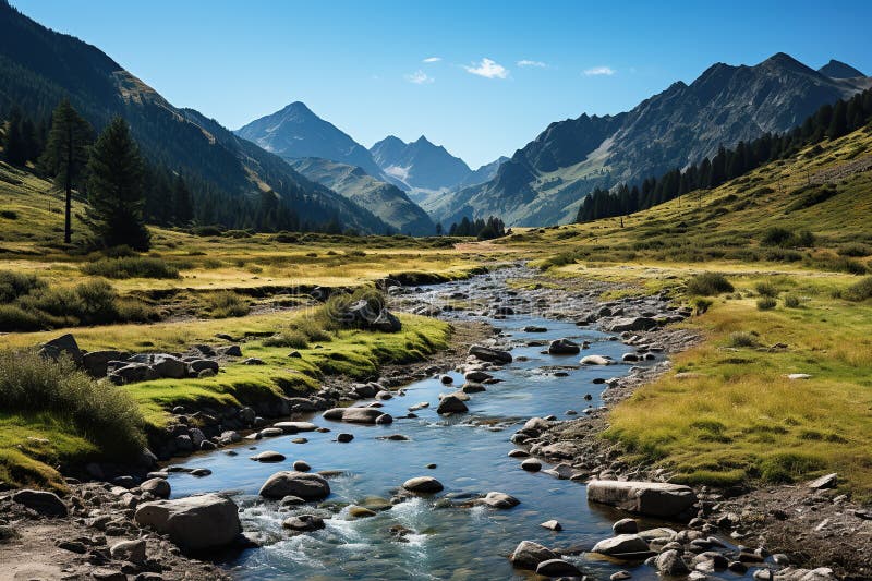 Crystal Clear Mountain Stream in Lush Valley. Generative AI Stock ...